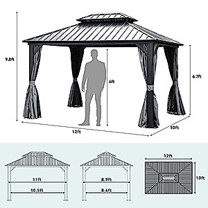YITAHOME 10x12ft Hardtop Gazebo with Nettings and Curtains, Heavy Duty Double Roof Galvanized Steel Outdoor Combined of Vertical Stripes Roof for Patio, Backyard, Deck, Lawns, Gray