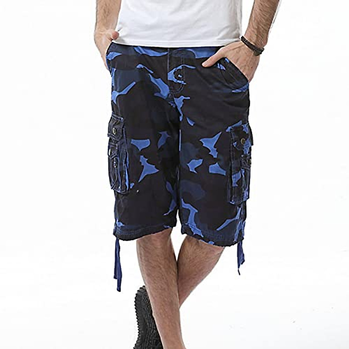 Men Relaxed Fit Camo Cargo Shorts Camouflage Multi Pockets Outdoor Short Pants Lightweight Loose Military Short (Blue,31)