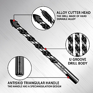 AIMLENTOOL Masonry Drill Bits Set, 10pcs Concrete Drill Bits, 1/8" to 1/2" Multifunction Drill Bit Set with Industrial Strength Carbide Tipped for Brick, Tile, Cement, Ceramic, Glass, Plastic