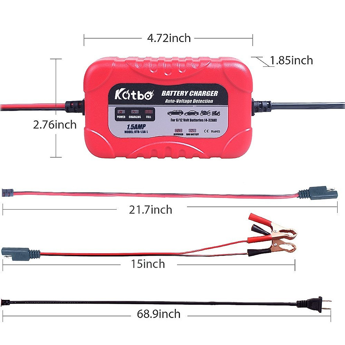 Katbo Battery Charger Automatic Maintainer 6V 12V Automatic Smart for Auto Car Motorcycle Lawn Mower ATVs RVs AGM Gel Lead Acid Batteries
