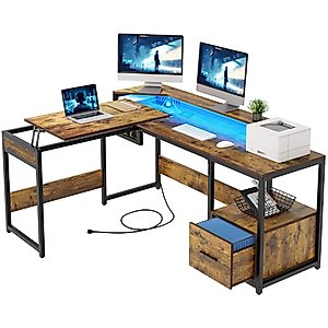 YITAHOME L Shaped Desk with Power Outlets & LED Lights, 65" Corner Computer Desk with File Drawer & Lift Top, Home Office Desk Height Adjustable Desk with Monitor Stand, Rustic Brown