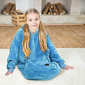 Solaris Wearable Blanket Hoodie for Kids - Warm Soft Gift, Oversized Cozy Sherpa Fleece Sweatshirt Pullover for Teens, Girls, Boys, Large Pocket, Light Blue