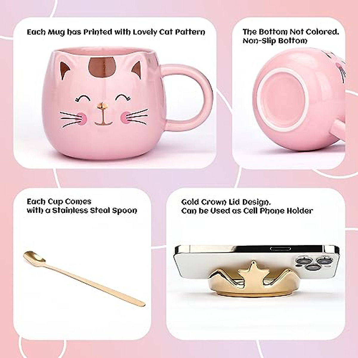 DONGSHANGIFT Cute Cat Mug Set of 4 Crown with Cell Phone Holder Lid for Lovers Ceramic Coffee Cups Women Girls Christmas Birthday Gift 14oz/420ml (4pcs Black White Pink Gray)