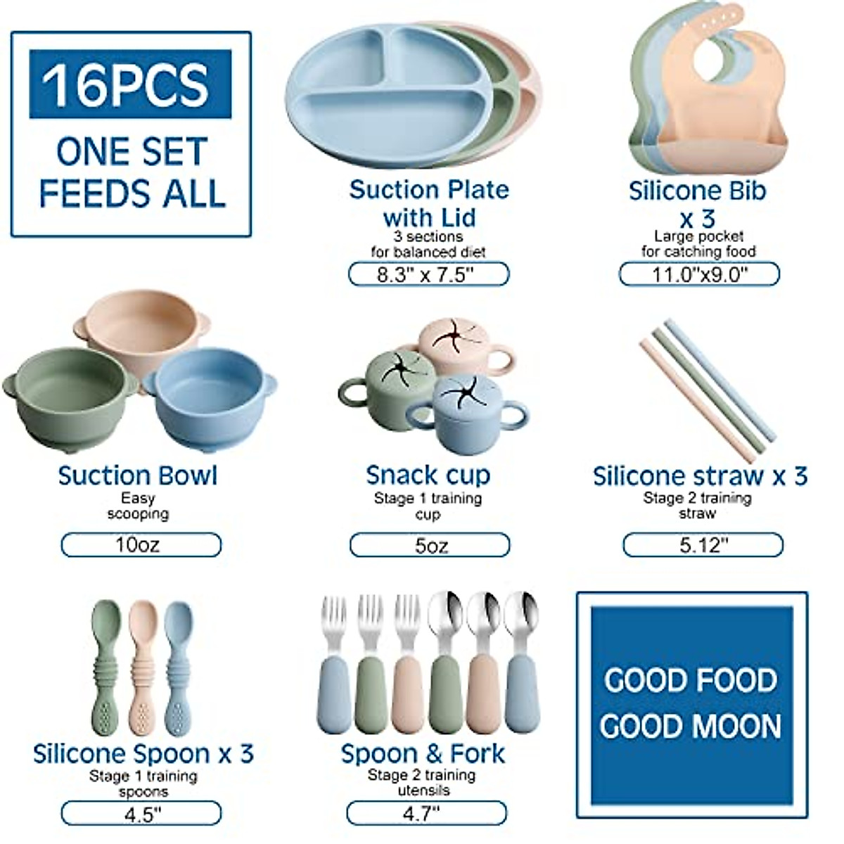 24 Pack Silicone Baby Feeding Set Baby Led Weaning Supplies Includes Suction Divided Plates Soft Bowl Spoons Forks Adjustable Bib Snack Cup and Straws for Baby Self Eating Feeding Supplies, 3 Colors