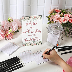 Sintuff 114 Pcs Bridal Shower Favors 1 Advice and Wishes Flowers Wooden Sign 100 Advice for The Bride Cards with 12 Fineliner Ink Pens and 1 PET Bottle Bridal Shower Games for Wedding Reception