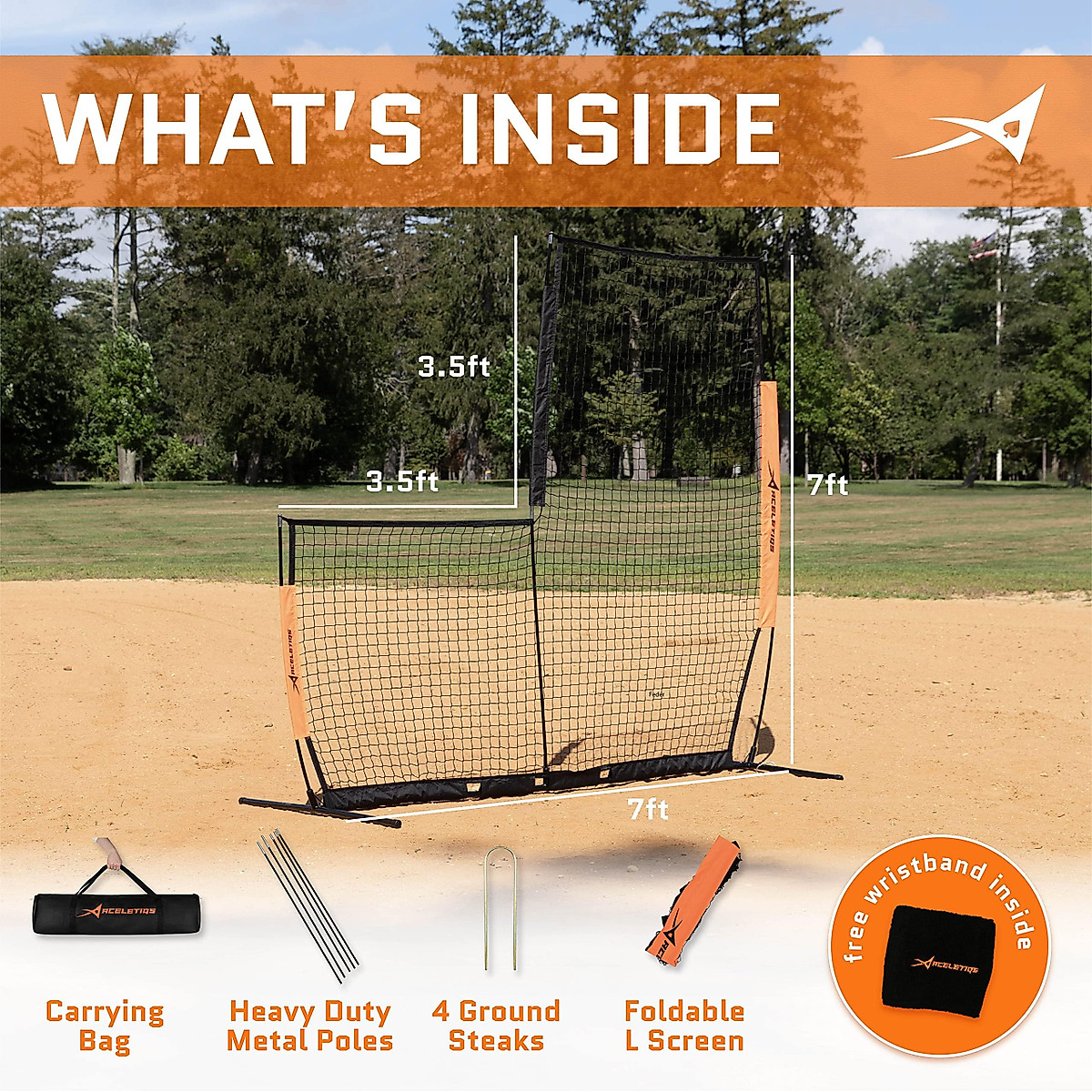 Aceletiqs Flexible L Screen Baseball Pitching Net 7x7ft Pitching Screen Protector with Metal Base, Fiberglass Poles, and Polyester Netting [Carry Bag Included]