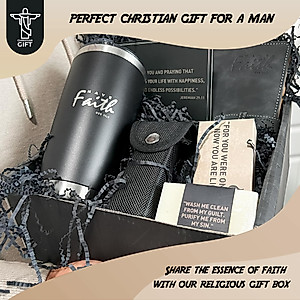 DEHITE Christian Gifts for Men - Religious Basket Inspirational Present - Insulated Tumbler - Notebook - Multitool Pocket Knife - Christmas Gift Birthday Box for Father