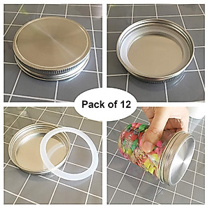 Stainless Steel Mason Jar Lids, Storage Caps with Silicone Seals for Wide Mouth Mason Canning Jars, Polished Surface, Reusable and Leak Proof, Pack of 12 (12-Pack Wide Mouth stainless steel)