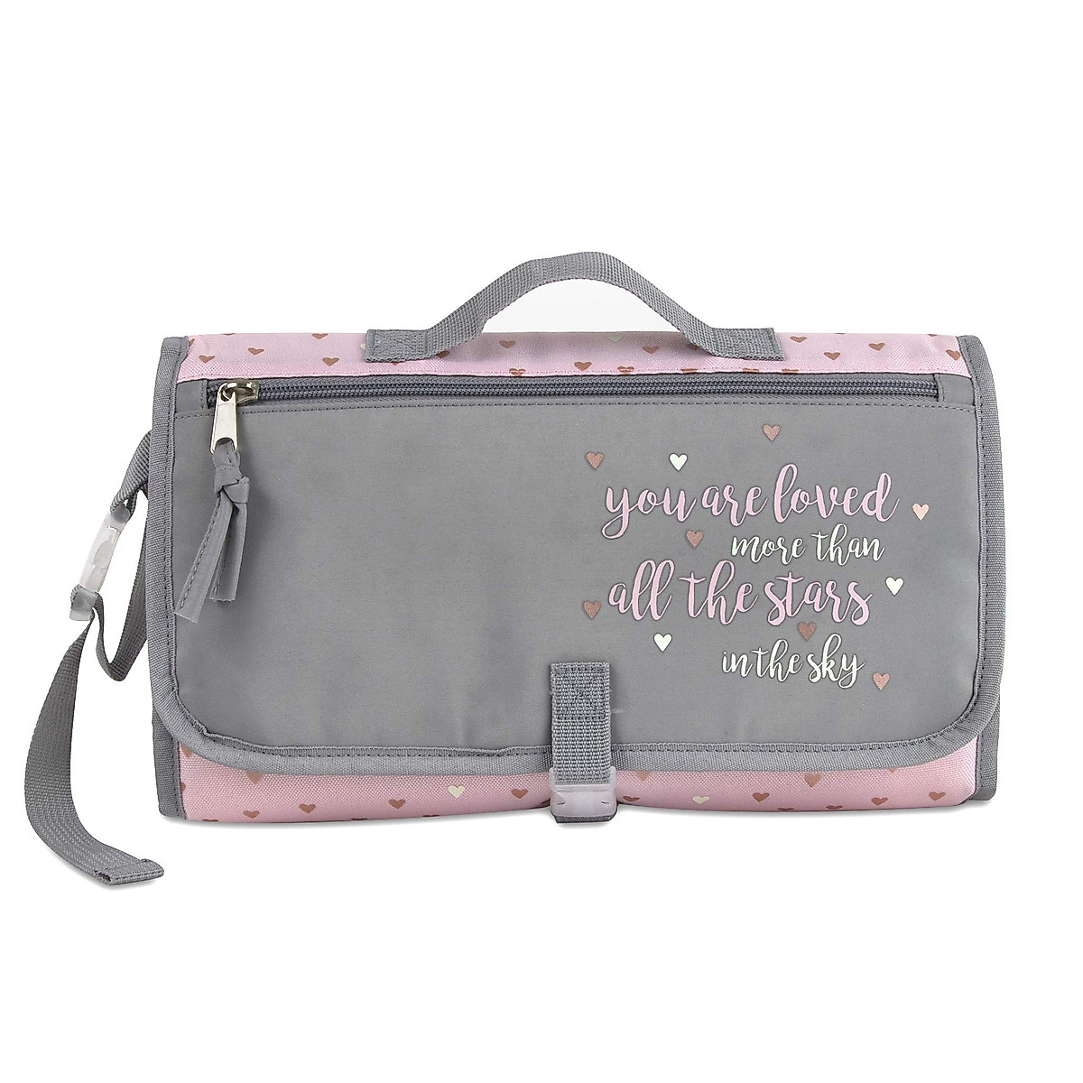 Portable Diaper Changing Pad Station Waterproof for Baby Girl, Boy with Padded Head Rest, Wipes Dispenser (Pink Hearts)