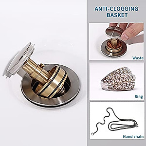 Pop-Up Drain Stainless Steel with Overflow Anti-Clogging for Vessel Sink Lavatory Vanity Sink Drain with Strainer Basket, Brushed Nickel