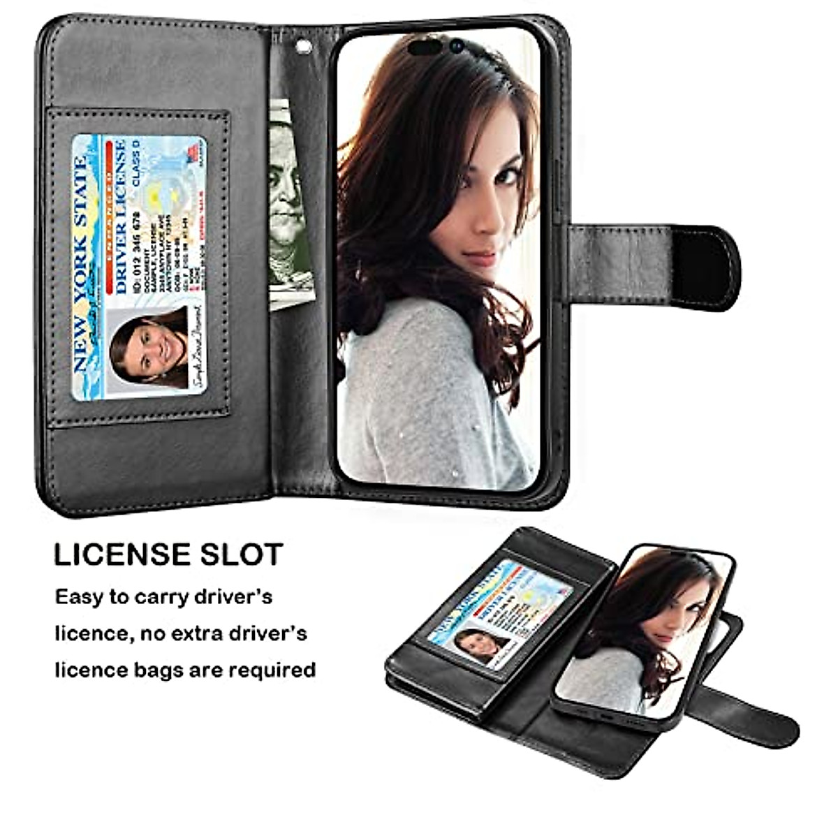 NJJEX Wallet Case for iPhone 14 Pro Max 6.7" 2022, for iPhone 14 Pro Max Case, [9 Card Slots] PU Leather ID Credit Holder Folio Flip [Detachable] Kickstand Magnetic Phone Cover & Lanyard [Black]