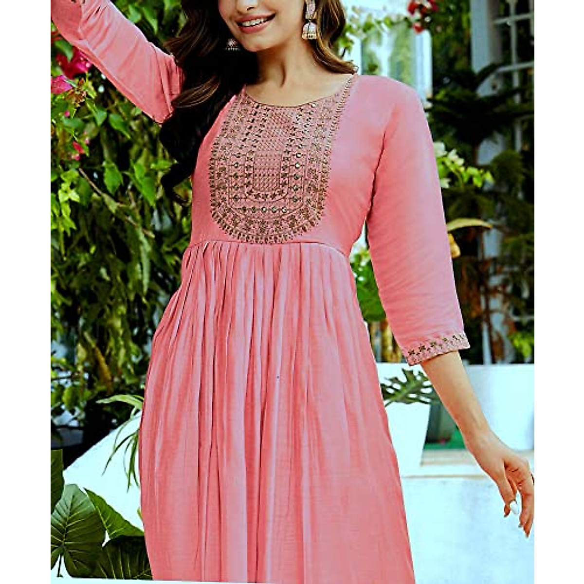 ladyline Womens Anarkali Rayon Silk Embroidered Kurti Kurta Tunic Flair Dress (42/Pink)