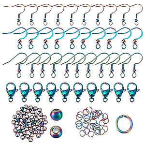 PH PandaHall 120pcs Rainbow Color Earring Making Kit 3 Sizes Fish Hook Ear Wire with Loop 304 Stainless Steel French Earring Hooks Lobster Claw Clasps Jump Rings Spacer Beads for Jewelry Making