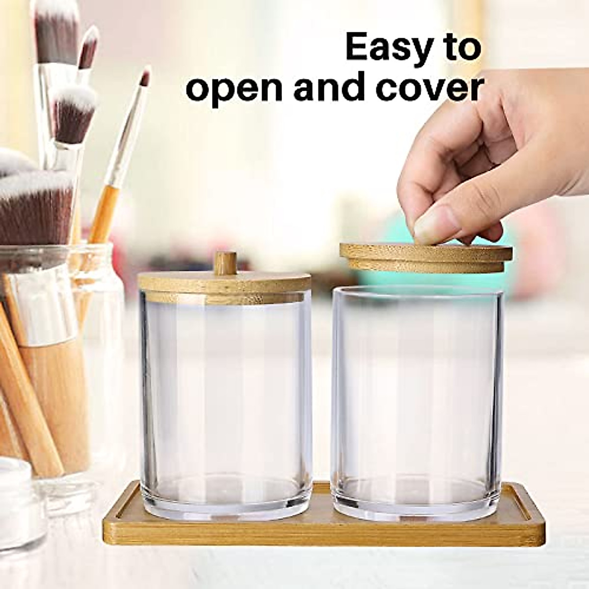 2Pack Acrylic Qtip Holder Dispenser and 1 Bamboo Tray, 10oz Bathroom Canisters Set, Apothecary Jars Qtip Holder Bathroom for Cotton Ball, Cotton Swab,Q-Tips Accessories Storage Organizer