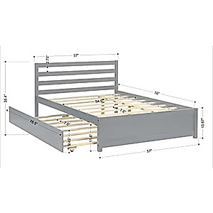 Full Size Bed with Trundle , Solid Wood Full Platform Bed with Pull Out Trundle Bed for Kids Girls Boys ,No Box Spring Needed
