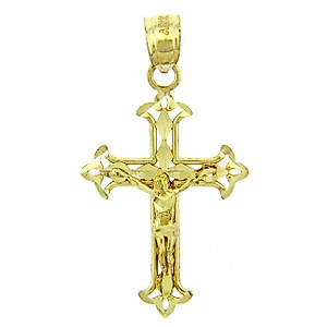 14K Yellow Gold 1-1/4" Fleur De Lis Openwork Crucifix Charm Pendant Religious Jewelry