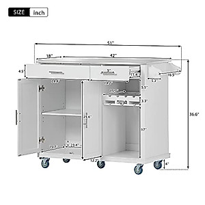 Rolling Kitchen Island Cart on Wheels, with Stainless Steel Countertop, 2 Storage Drawers & Goblet Holder & Spice Shelf, Towel Rack, for Dining Room, Restaurant, White