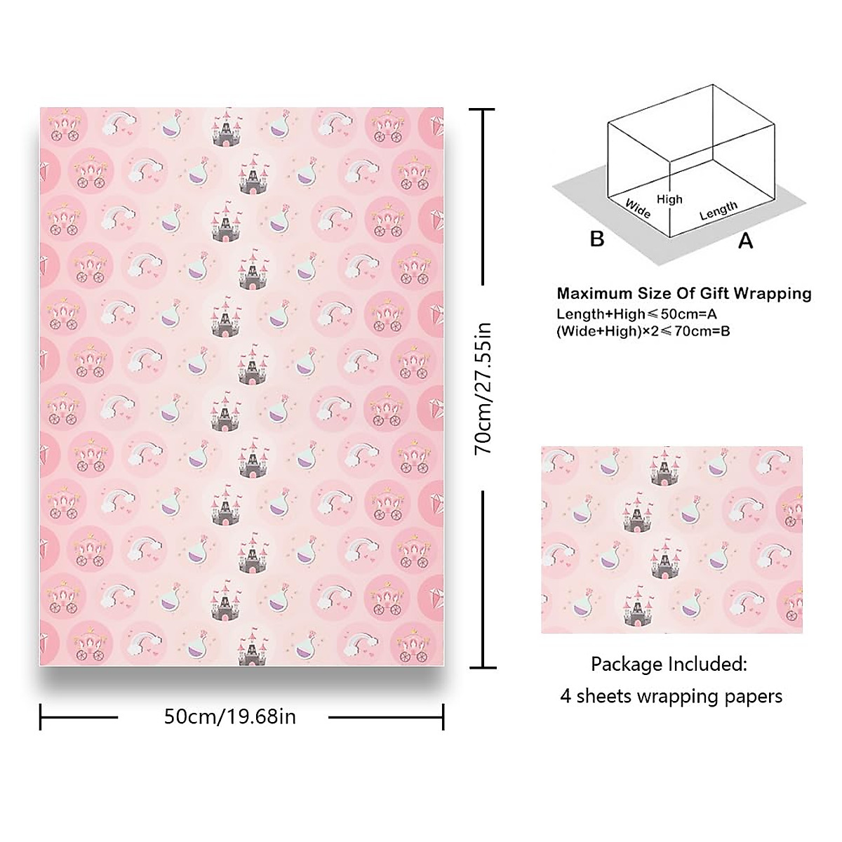 Pink Gift Wrapping Paper, 4 Folded Sheets Kraft Birthday Wrapping Paper Castle Carriage Fairy Tales Princess Magical Gift Wrap Paper 20x28 inch for Girl Women Birthday Party Baby Shower Christmas