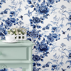 RUSPEPA Peel and Stick Wallpaper - Blue Flower White Design Self Adhesive Removable Wallpaper Decorative Waterproof Contact Paper for Cabinets, Walls - 17.3 Inch x 6.5 Feet