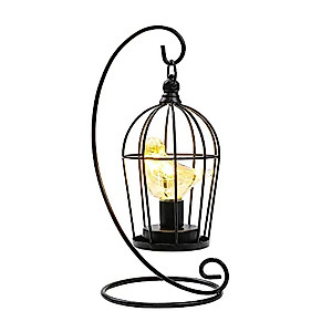 JHY DESIGN Birdcage Bulb Decorative Lamp Battery Operated 12" Tall Cordless Accent Light with Warm White Fairy Lights Bird Bulb for Living Room Bedroom Kitchen Wedding Xmas(Black)