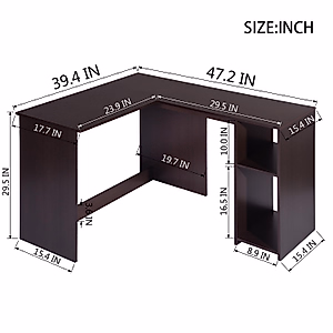 RIDFY L-Shaped Corner Computer Desk with 2 Storage/Book Shelves, Home Office Wood Workstation with Storage Shelves for Work Study Writing Gaming, Deep Brown
