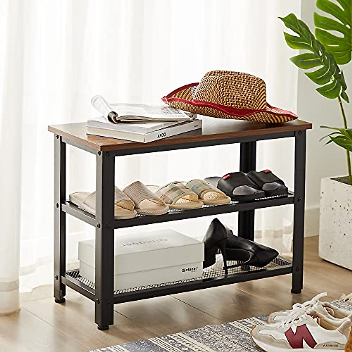 /N Multifunctional Shoe Stool, 3 Tier Shoe Rack 28.7", Shoe Rack with Mesh Rack for Hallway Front Door, Doorway, Living Room