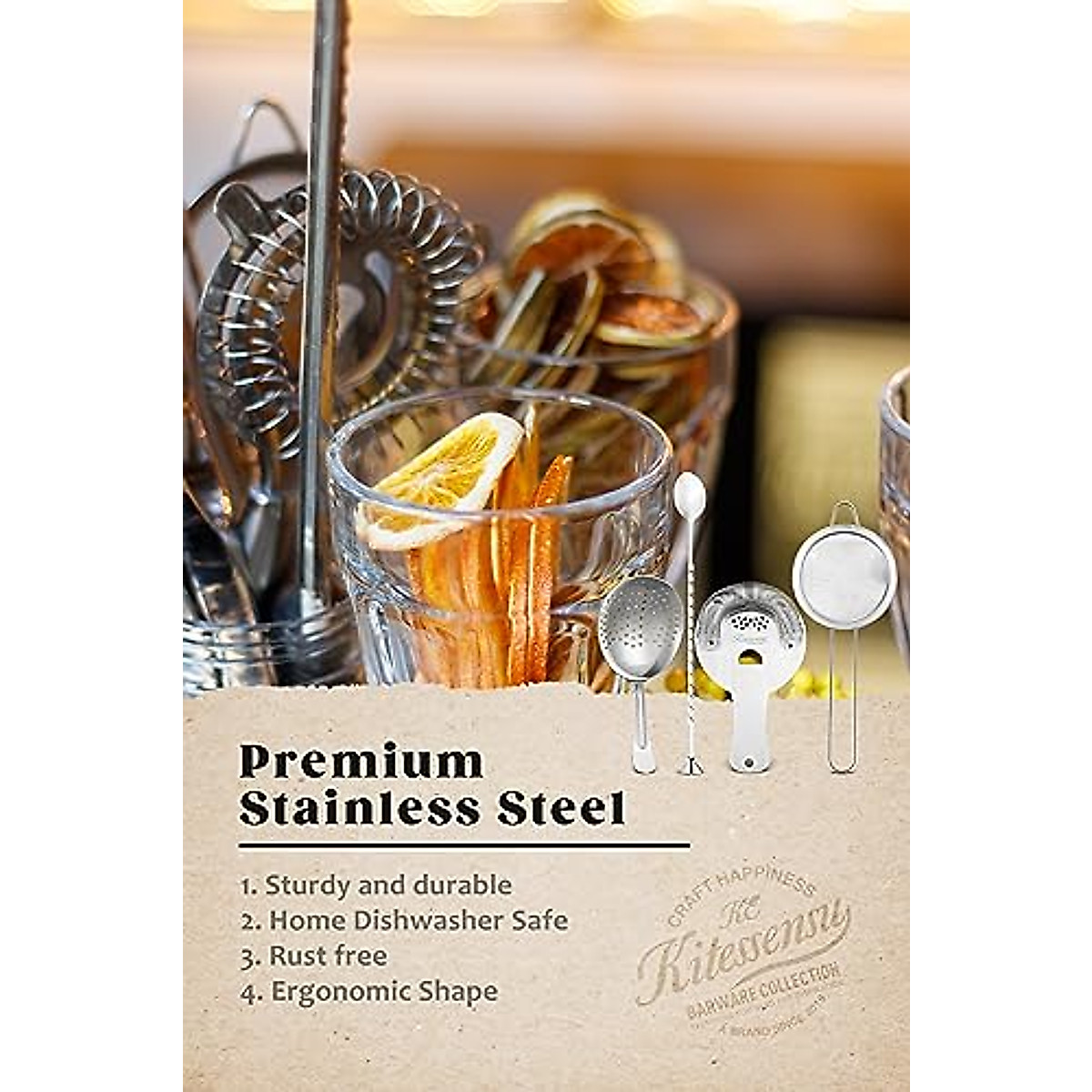 KITESSENSU Cocktail Strainer Set, 4 Pcs 18/8 Stainless Steel Bar Tools with Stirring Spoon- Hawthorne Strainer, Julep Strainer, Fine Mesh Strainer