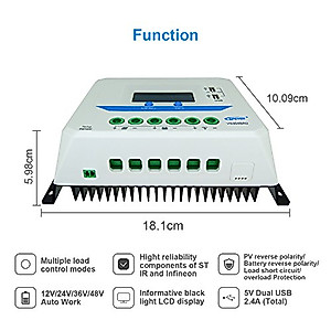 EPever Solar Charge Controller 30A 12V 24V 36V 48V Auto Work Max PV 96V Solar Panel PWM Charge Controller Regulator with LCD Display 2PCs USB Output for Off-Grid Solar System (30A , VS3048AU)