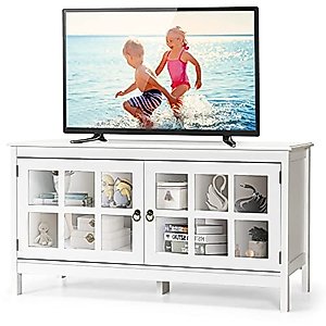 KOTEK Wooden TV Stand for TVs up to 50'', TV Console with Storage, Glass Doors & Adjustable Shelves, Modern Entertainment Center for Living Room (White)
