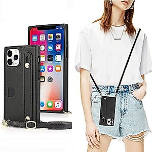 DEFBSC Crossbody Case for iPhone 12, iPhone 12 Pro Case 5G, Finger Strap Wallet Case with PU Kickstand and Adjustable Detachable Crossbody Strap Card Slot Heavy Duty Protective Square Cover-Black