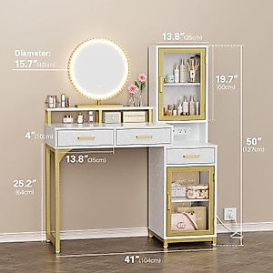 Zarler 41" W Makeup Vanity Desk with Mirror and LED Lights, Large Vanity Desk with Charging Station, Makeup Table with 2 Cabinets and 3 Drawers, 16" D x 41" W x 50" H, White