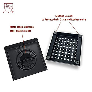 Neodrain 4-Inch Square Shower Drain with Removable Quadrato Pattern Grate,Brushed 304 Stainless Steel Square Drain, with Watermark&CUPC Certified, Hair Strainer,Black