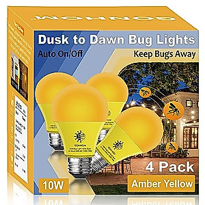 GONHOM A19 Dusk to Dawn Bug Light Bulbs Outdoor, Yellow LED Bug Light Bulb 10W (100W Equivalent), Photo Sensor, Auto On/Off, Amber Bug Lights for Outside Porch Garage Patio 4 Pack