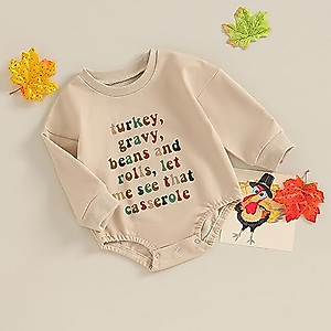 YINGISFITM Thanksgiving Baby Girl Boy Outfit Long Sleeve Turkey Sweatshirt Shirt Onesie Bubble Romper Fall Winter Clothes (Khaki Turkey Gravy, 0-3 Months)