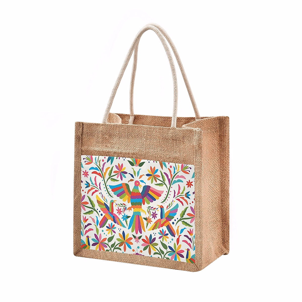 Eionryn Mexican Otomi Birds Floral Jute Tote Bag Reusable Grocery Shopping Bag Burlap Beach Bag Market Bags With Handle for Wedding Party Gift DIY 16.9 x 12.6 x 7.1 inch