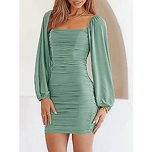 ANRABESS Women Long Sleeve Square Neck Mesh Ruched Bodycon Mini Dress Party Club Cocktail Formal Wedding Guest Short Dresses Light Green Medium
