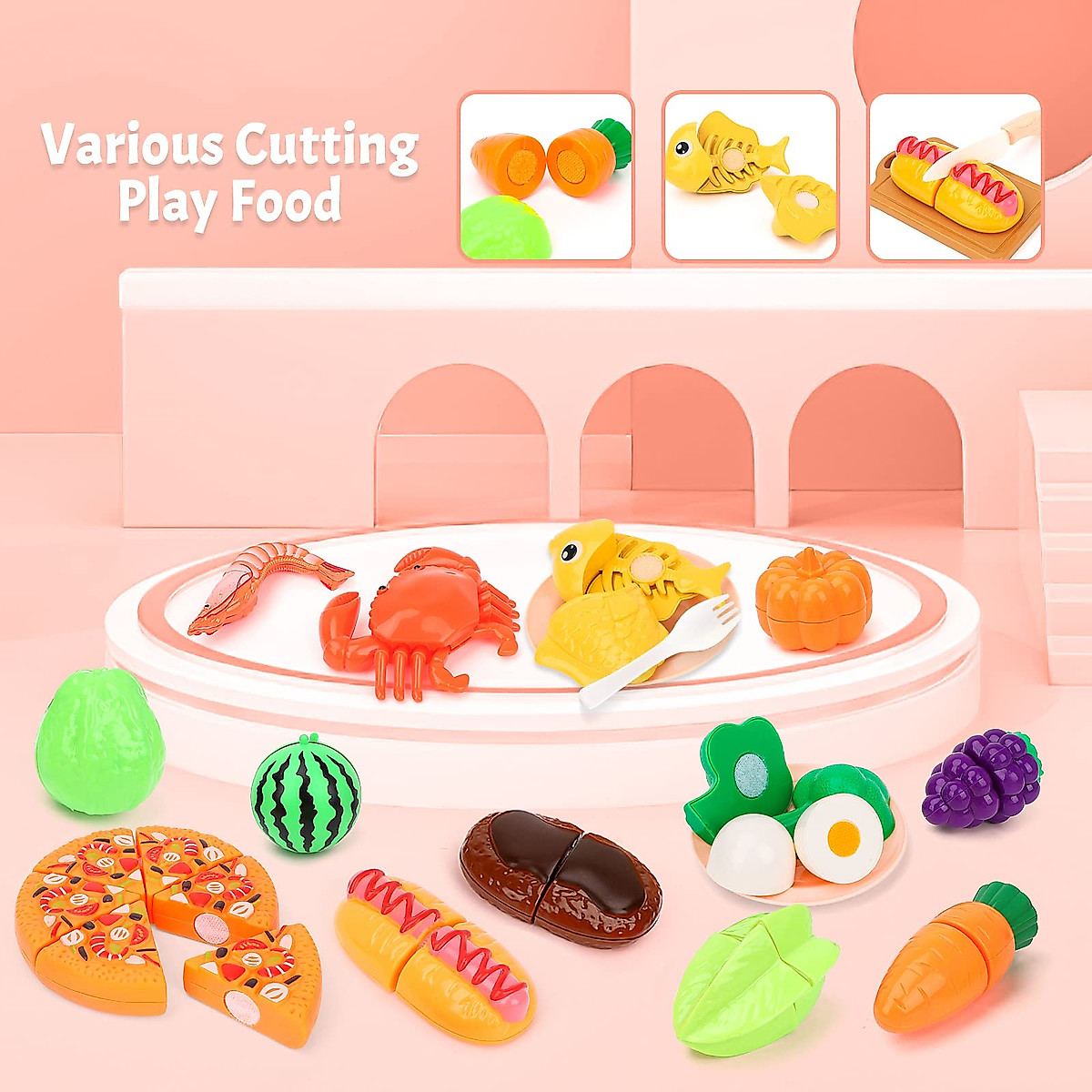 deAO Kids Play Kitchen Accessories with Pots and Pans,Cutting Food Toy,Cookware Utensils,63 PCS Play Food Set-- Kids Kitchen Accessories for Girls Boys Kids