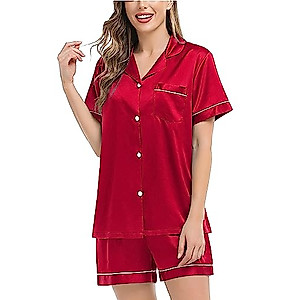 SWOMOG Womens Silk Satin Pajamas Short Sleeve Sleepwear Two-piece Loungewear Button-Down Pj Set Nightwear Red