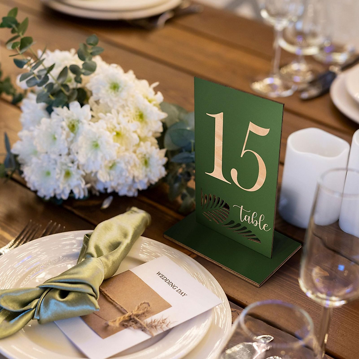 HZGUEOSTB Wooden Table Numbers 1-15,3.2x5.8 Inch Double Sided Rustic Olive Green Wedding Table Number Signs with Wooden Base,Wedding Centerpieces for Banquet Restaurant Party Decor(Olive Green, 1-15)