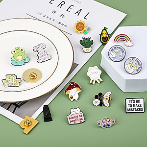 18 Pieces Positive Enamel Pins Set Cute Enamel Lapel Pins Inspirational Cartoon Brooch Pin Badges Butterfly Cat Cactus Enamel Pins with Storage Bag for Women Jeans Backpacks Jackets Hats Decor