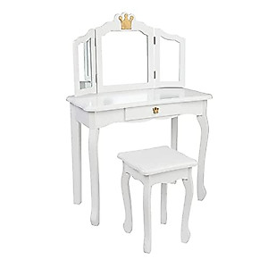 Children's Princess Dressing Table,Princess Dressing Table with Drawers and Tri-fold Mirror,Children's Dressing Table with Chair Set, Detachable Top Study Table,White
