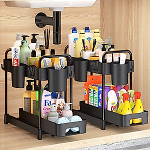 2 Pack Under Sink Organizers and Storage, 2 Tier Under Sliding Cabinet Basket Organizer with Hanging Cups,Hooks,Dividers,Handles,Multi-Purpose Storage Drawer Basket Organizer for Kitchen Bathroom