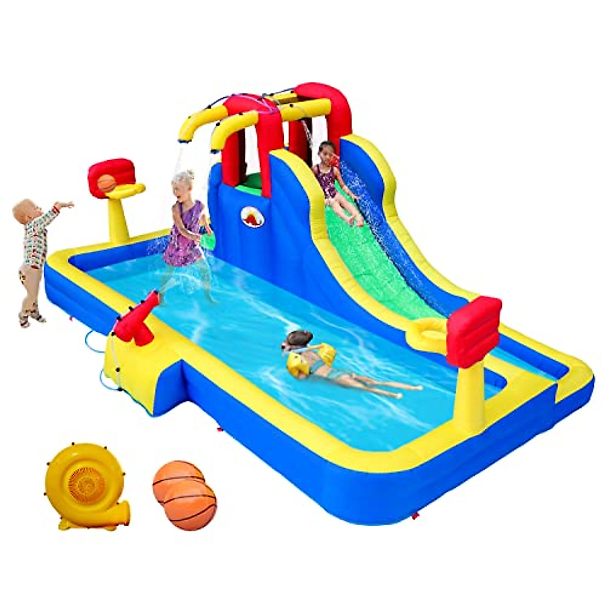 WELLFUNTIME Inflatable Water Park with Blower, Slide with Water Cannon and Double Basketball Rings