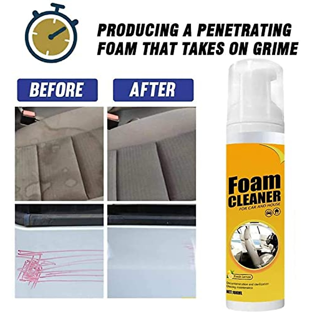 Multipurpose Foam Cleaner Spray, Foam Cleaner for car and House Lemon Flavor, Leather Decontamination, Multi-Functional Foam Cleaner, Cleaning Spray for Car Interior Ceiling Leather Seat (2Pcs(2*100ML))
