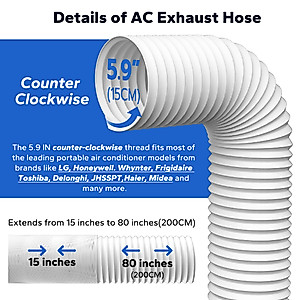 Cestluck Flexible AC Exhaust Hose, 5.9" Diameter Counterclockwise AC Hose, Length to 80", Portable Air Conditioner Vent Hose Compatible with Delonghi & LG Air Conditioner Parts