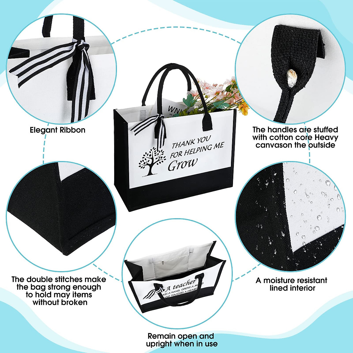 Cunno 4 Packs Teacher Canvas Tote Bags Teacher Thank You Gift for Teachers Day Birthday Graduation Retirement Inspirational Quotes Tote with Pocket, Reusable Grocery Bags