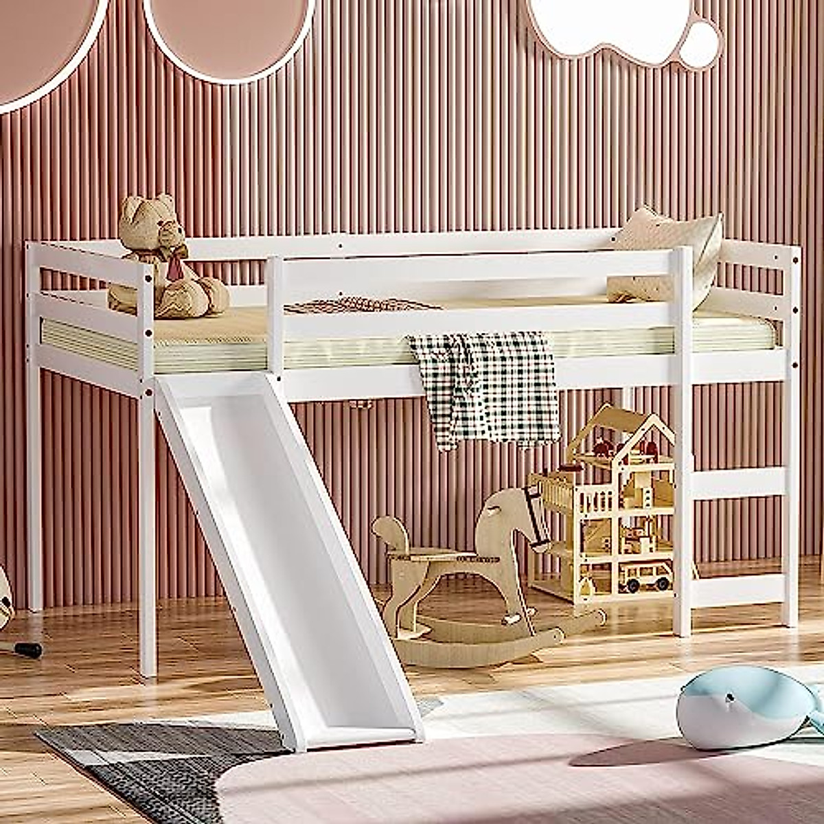 NAFORT Twin Loft Bed with Slide, Low Loft Bed with Stairs, Solid Wood Twin Loft Bed Frame for Girls Boys with Climbing Ladders Guard Rails and Slat Support - White