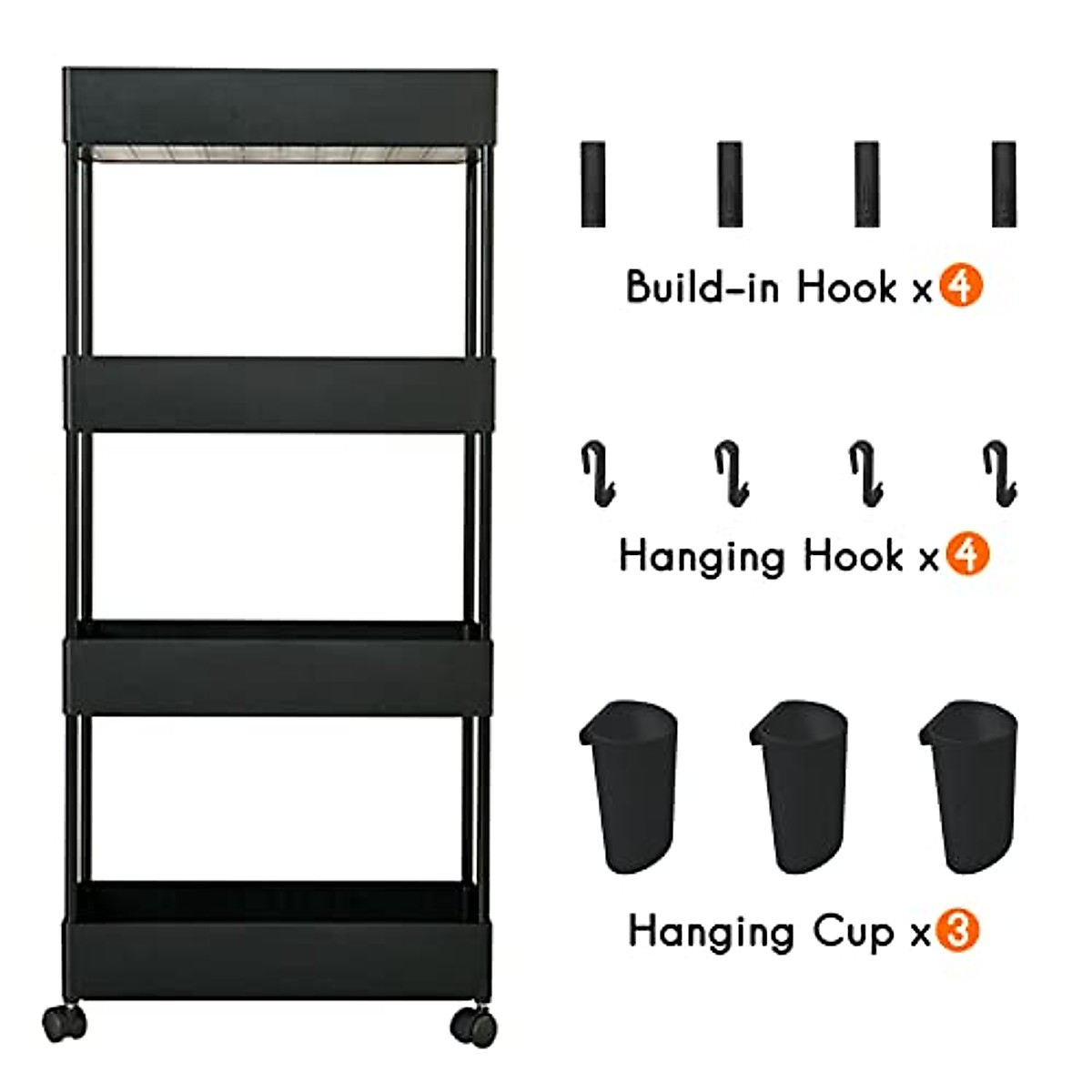 JAKAGO 4-Tier Utility Rolling Storage Cart Slim Mobile Shelves on Wheels Multi-Function Trolley with Mesh Basket Storage Organizer Rack for Kitchen Pantry Bathroom Laundry (Black)