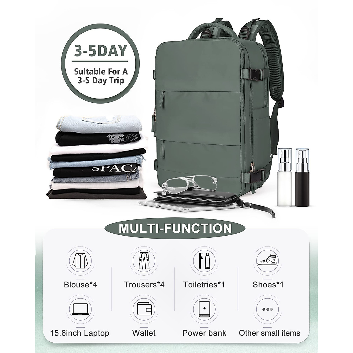 bergsalz Backpack For Women Travel Bag Weekender Lightweight Medium Backpack Olive Green For Men Hiking Waterproof Gym Bag Travel Essential Canvas Bag Carry On Backpack For Sport Fan Laptop Bag