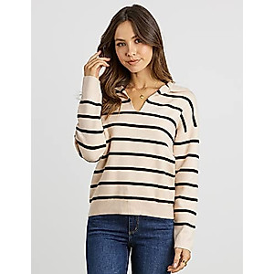 CFLONGE Women's Fall Winter Casual Breton Striped Long Sleeve Polo V Neck Pullover Sweater Loose Fit Drop Shoulder Knitted Shirts Tops(Small,Apricot)